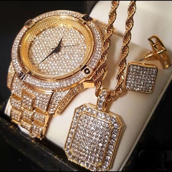 Accessories | Saleicedout Gold Bling Hip Hop Mens Jewelry Set | Poshmark